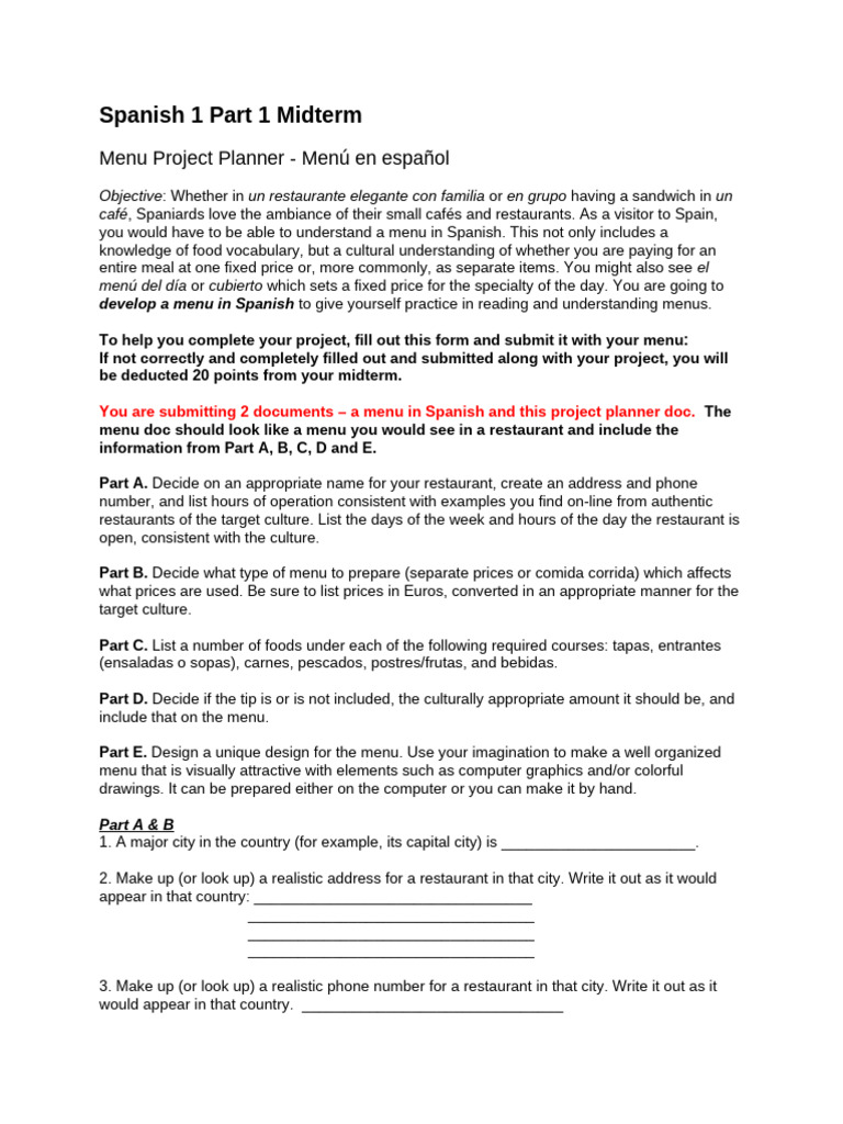 Sp1 Pt1 Midterm Exam Spanish Menu Project WORD-4 21 | PDF | Menu
