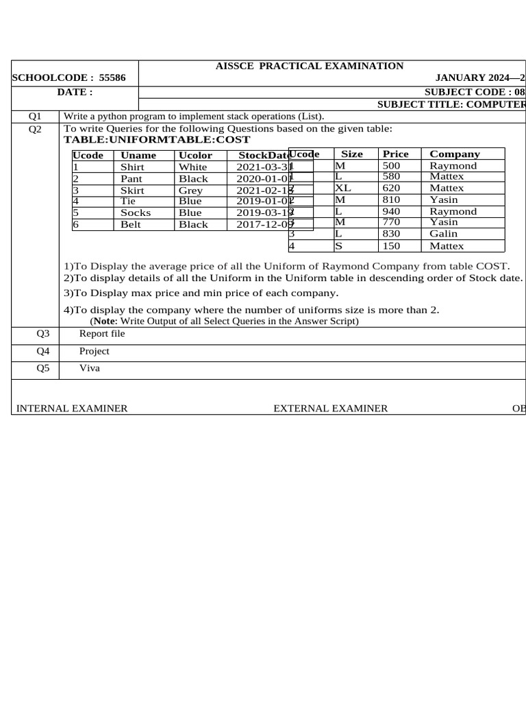 AISSCE 2024 Computer Practical Exam | PDF