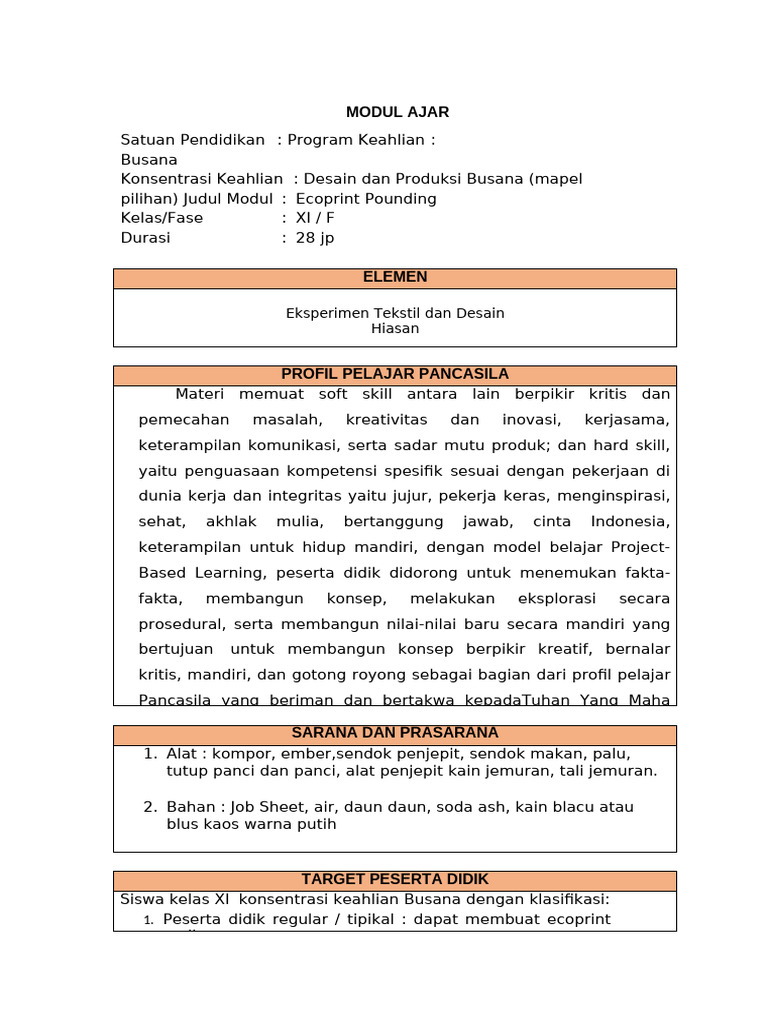 2. Modul Ajar Desain dan Produksi Busana - Membuat Ecoprint Teknik Pounding - Fase F | PDF