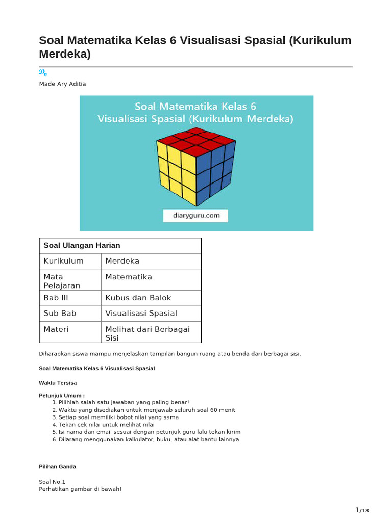 Soal Matematika Kelas 6 Visualisasi Spasial Kurikulum Merdeka | PDF