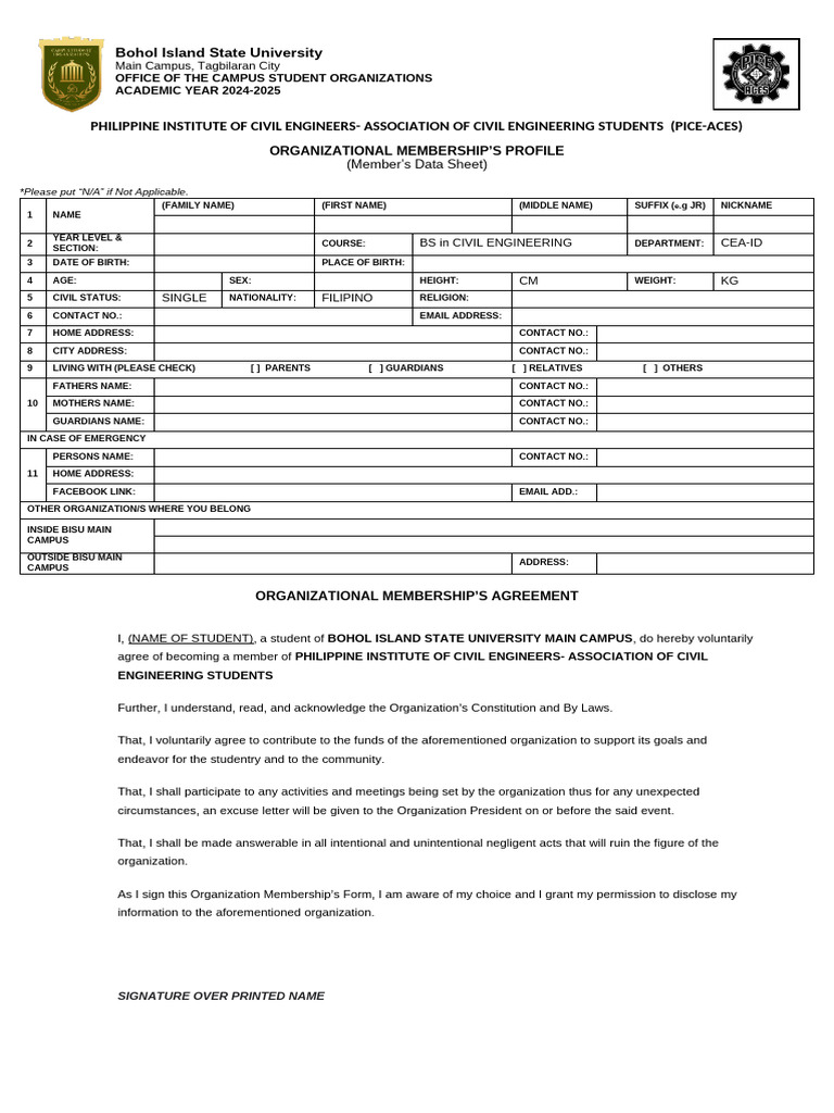Pice Aces Organizational Membership Form 2024 2025 | PDF | Justice ...