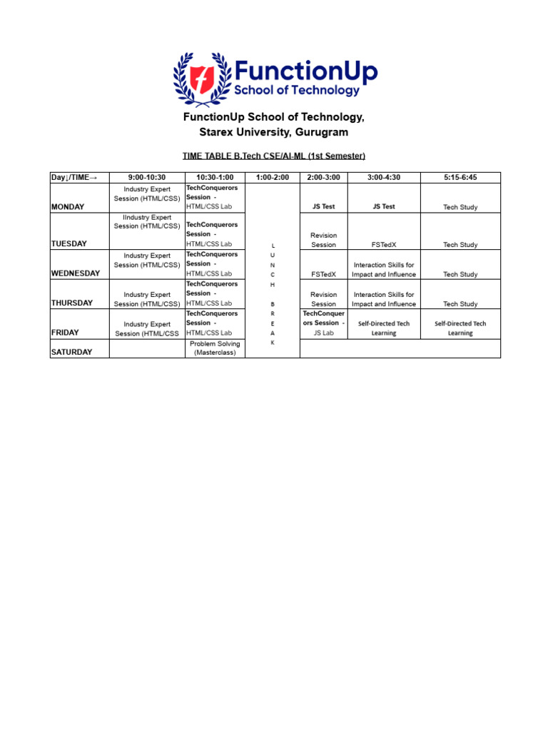 B.Tech CSE/AI-ML 1st Semester Timetable | PDF