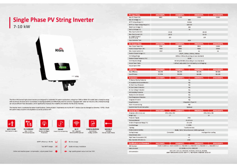 Datasheet Single Phase String Inverter 7-10kw | PDF