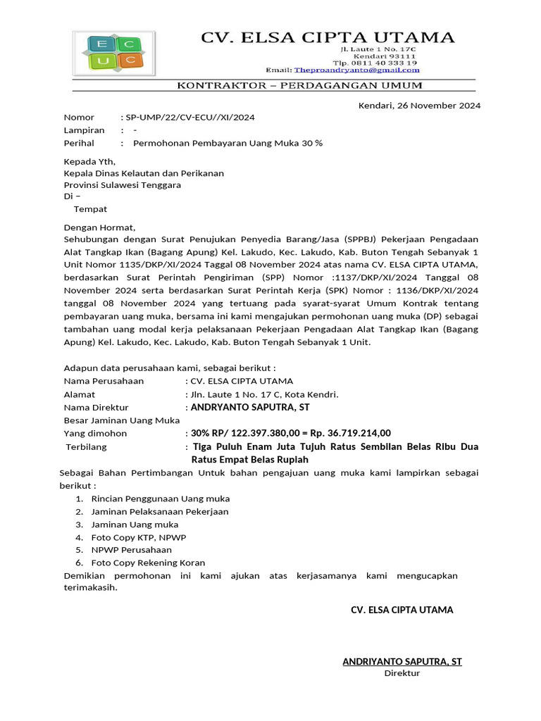 PERMOHONAN DAN RINCIAN PENGGUNAAN UANG MUKA CV. VIOLA JAYA RSUD BAHTERAMAS | PDF