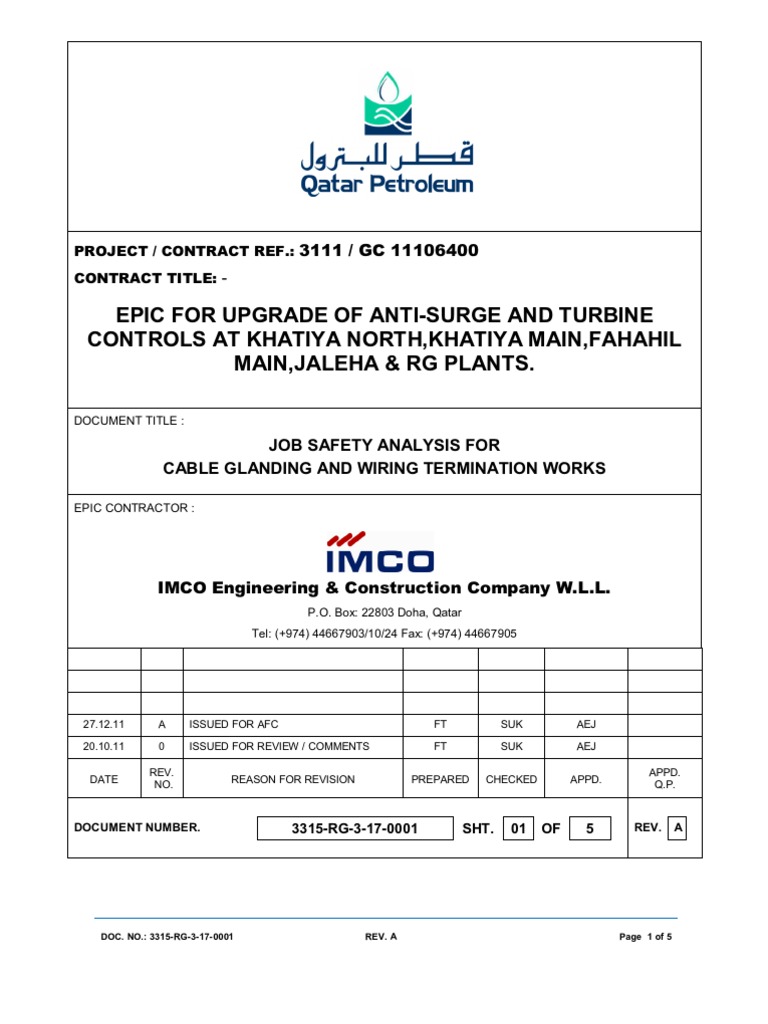 JSA Cable Glanding & Wiring Termination Works 112 | PDF | Personal Protective Equipment | Prevention
