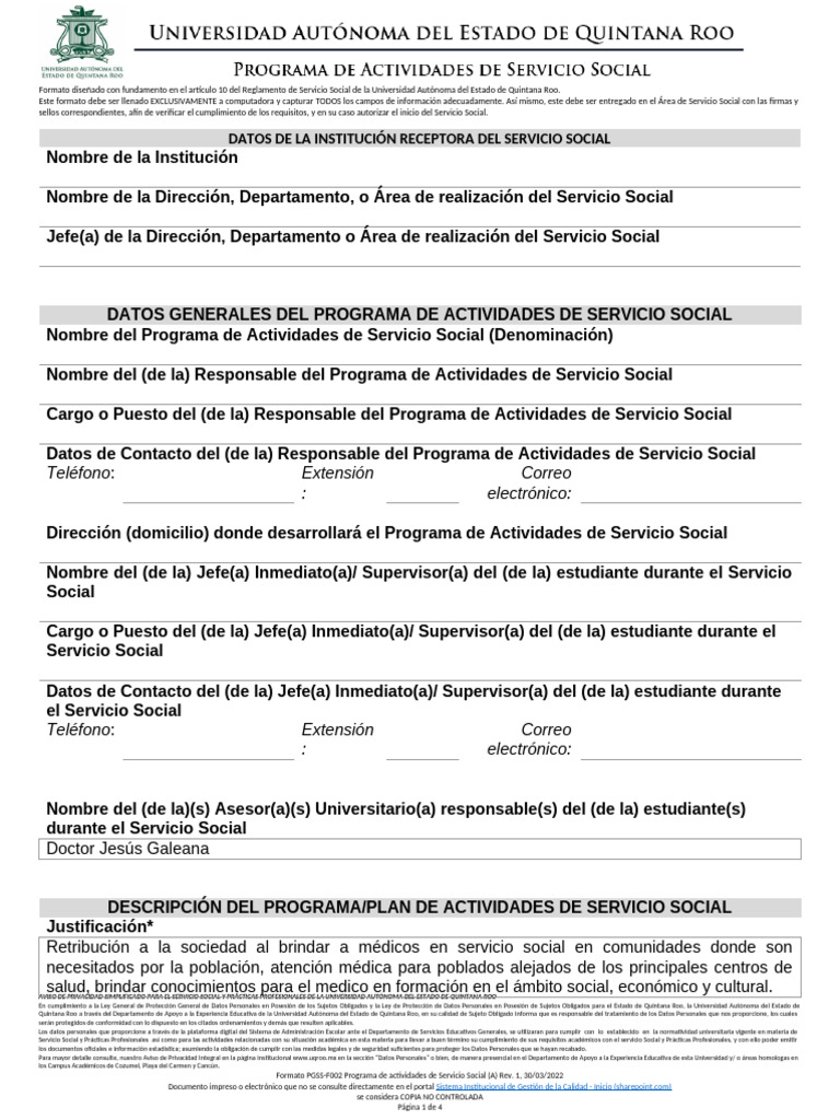 PGSS-F002A Programa de Actividades de Servicio Social (A) | PDF ...