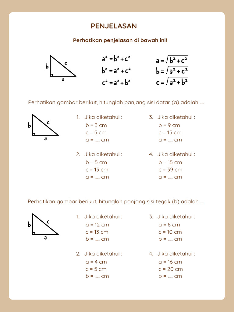 Teorema Pythagoras Lembar Kerja Matematika SMP Kelas 8 Coklat Ilustratif | PDF
