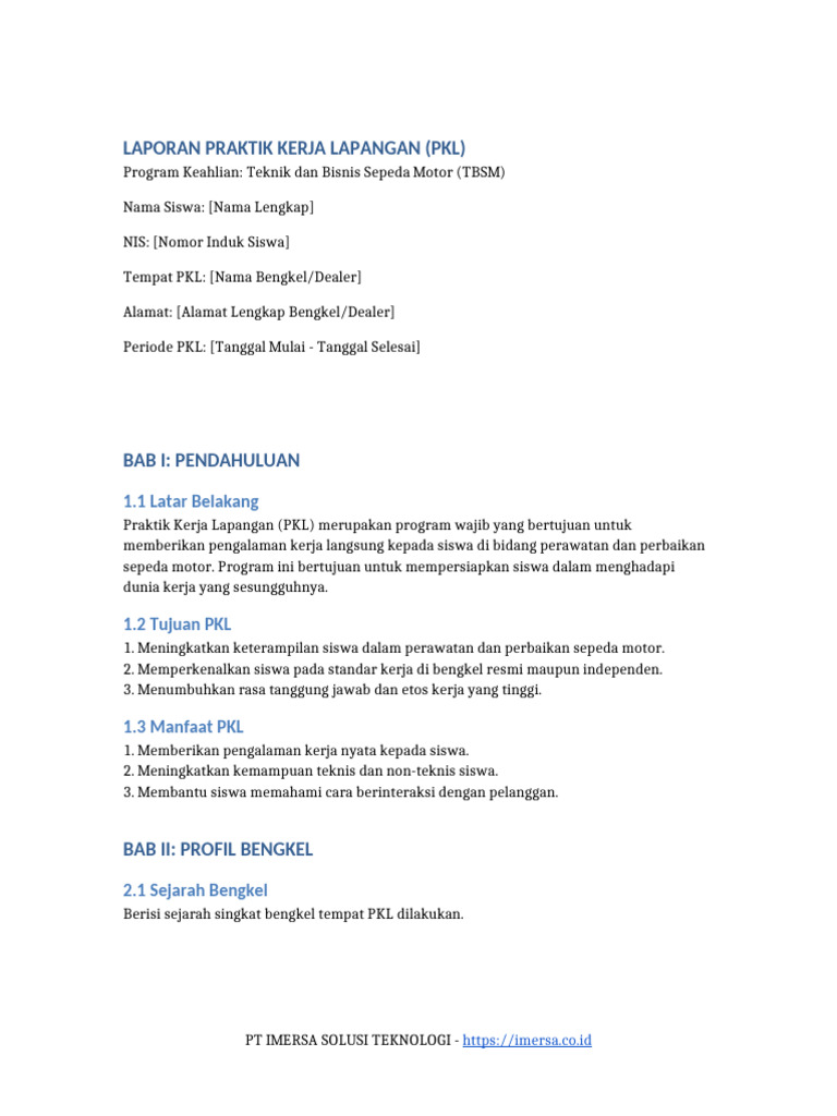 Contoh Laporan PKL SMK TBSM Word | PDF