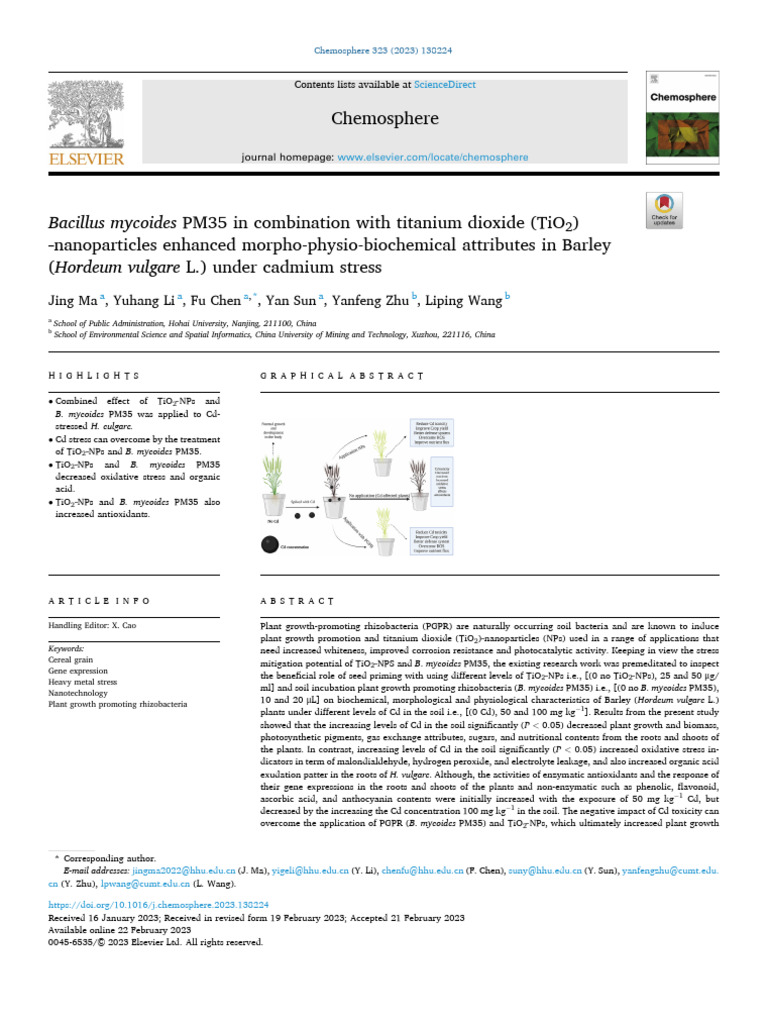 Chemosphere 323 (2023) 138224 | PDF | Titanium Dioxide | Barley