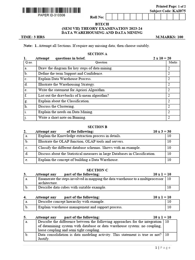 Data Warehousing & Mining Exam Paper | PDF | Data Warehouse | Data Mining