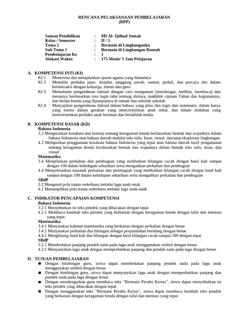 RPP Kelas 2 Tema 2 Sub Tema 1 Bermain Di Lingkungan Rumah | PDF