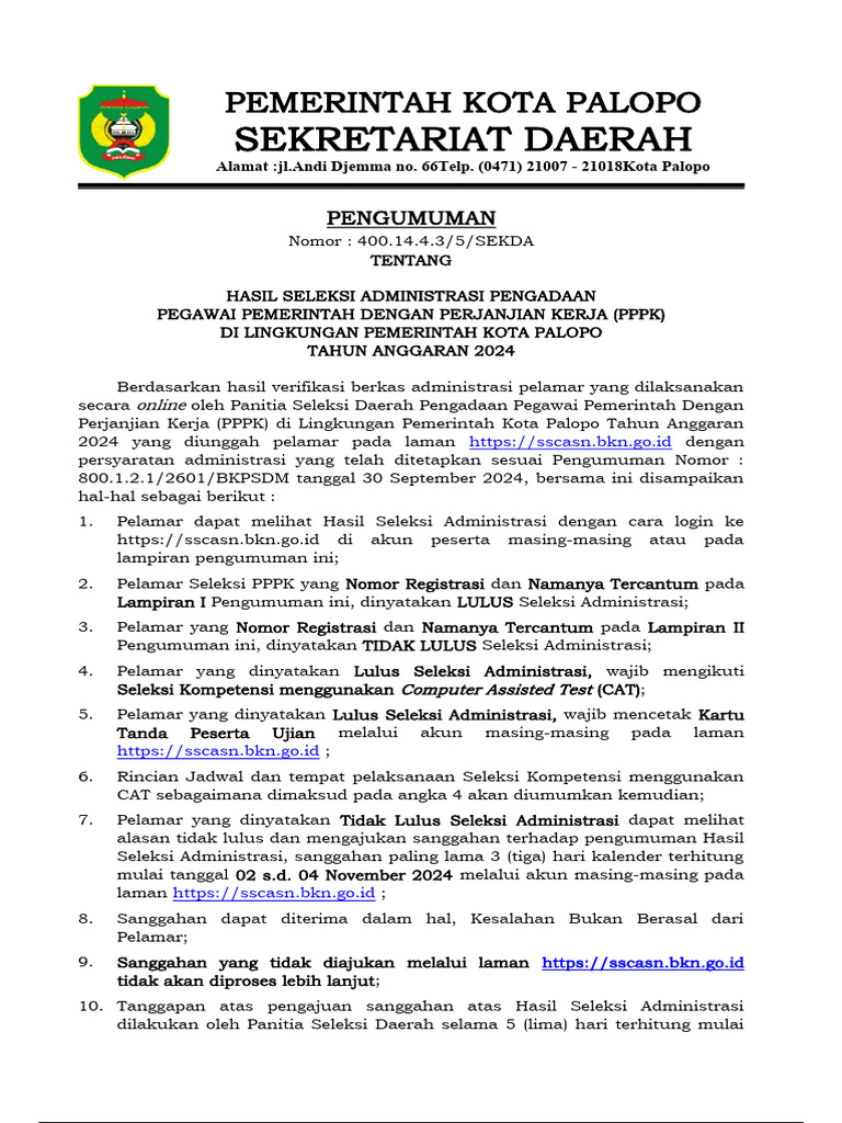 Pengumuman Hasil Seleksi Administrasi PPPK Pra Sanggah Kota Palopo Tahun 2024 | PDF