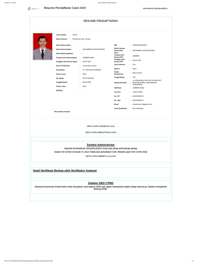 Resume Pendaftaran CPNS Jember 2024 | PDF