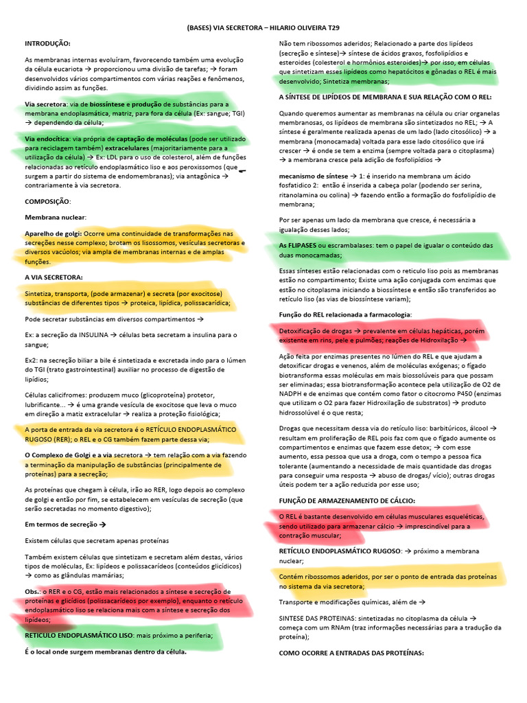 Via Secretora - Hilario Oliveira t29 | PDF | Retículo endoplasmático | Vesícula (Biologia e Química)