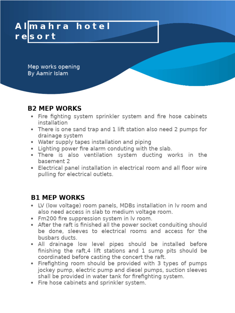 MEP Works Overview for Almahra Hotel | PDF