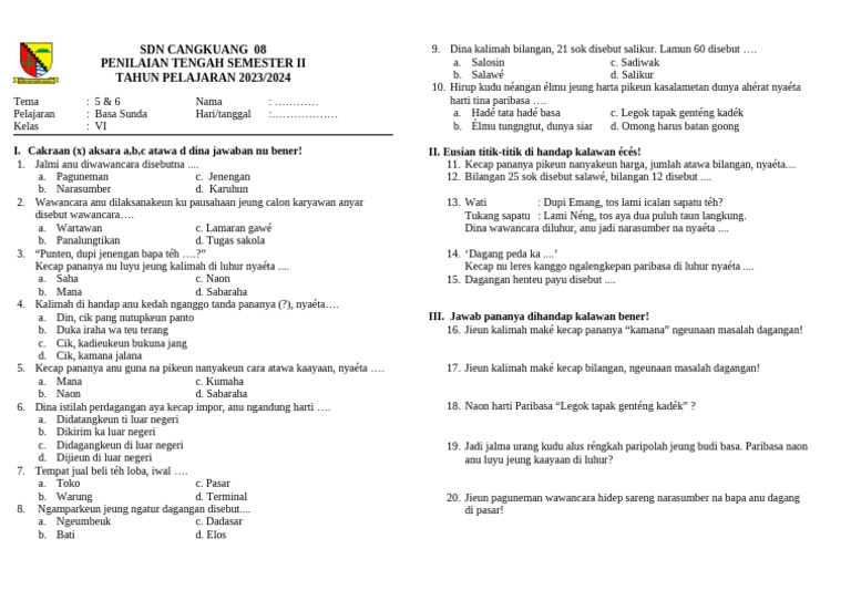 Uts B.sunda Kelas 6 Semester 2 | PDF