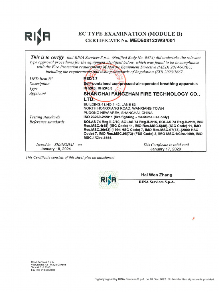 MED Cert SCBA FZ RINA 2026. | PDF