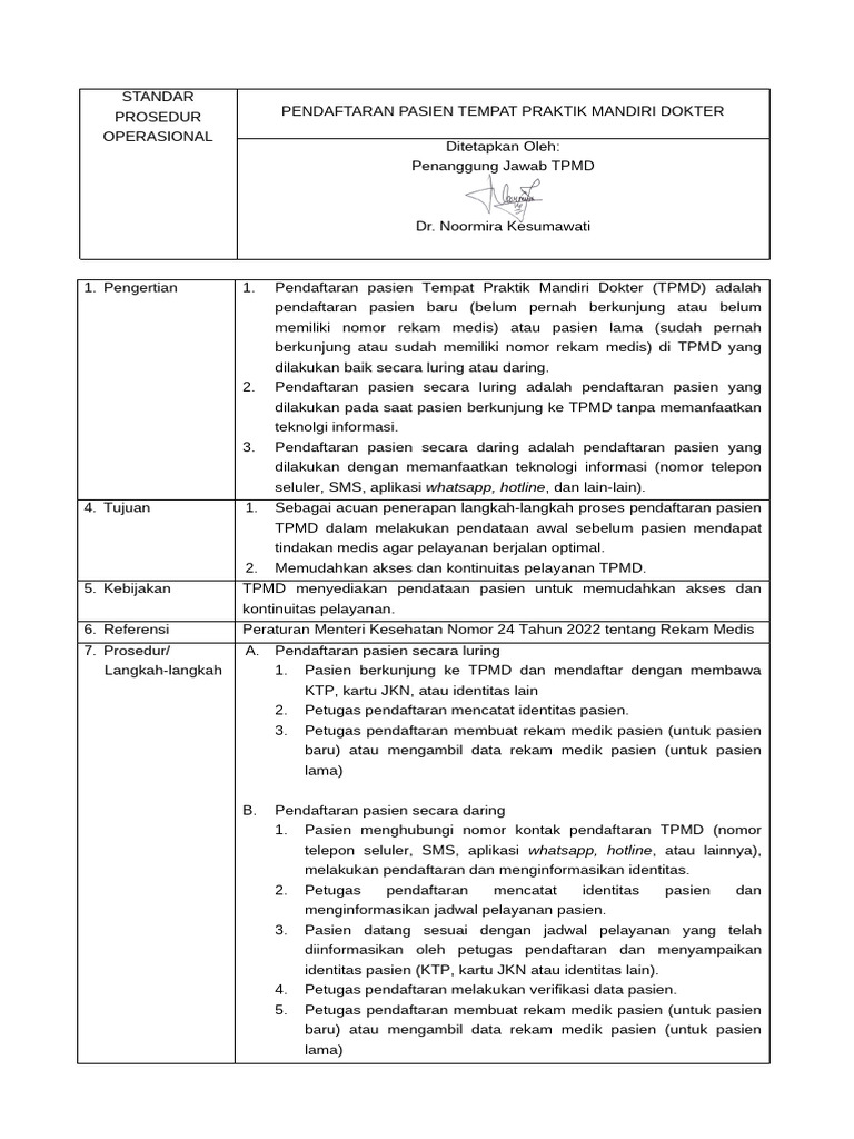 Contoh SOP Pendaftaran Pasien TPMD NOORMIRA SCRIBT | PDF