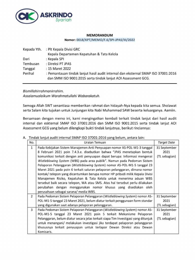 Memo Tindak Lanjut Temuan Audit ISO 37001-2016 Dan ISO 9001-2015-Reviu ...