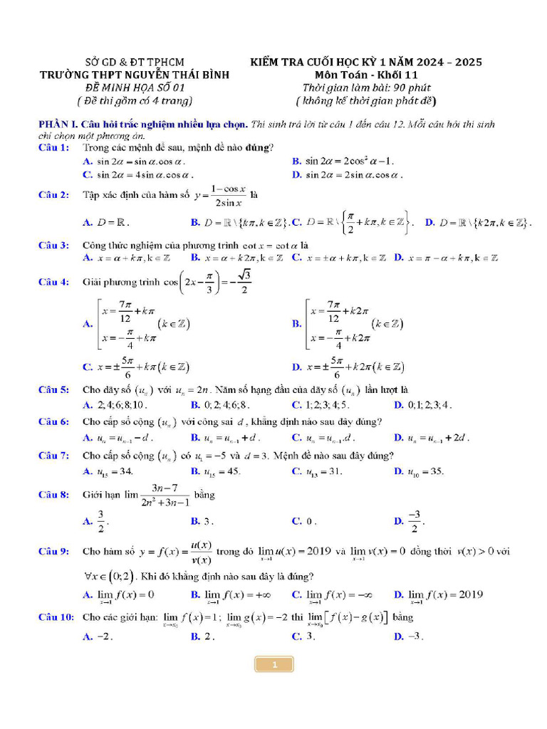 2024.12.16 X11 - MH Đề Kiểm Tra HK1 Toán 11 Năm 2024 - 2025 Trường THPT Nguyễn Thái Bình - HCM | PDF
