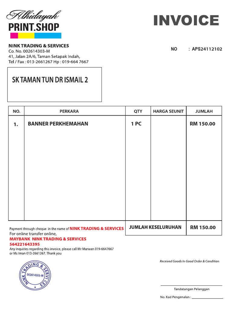 Invoice Perkhemahan Skttdi2 (CG Faizal) | PDF