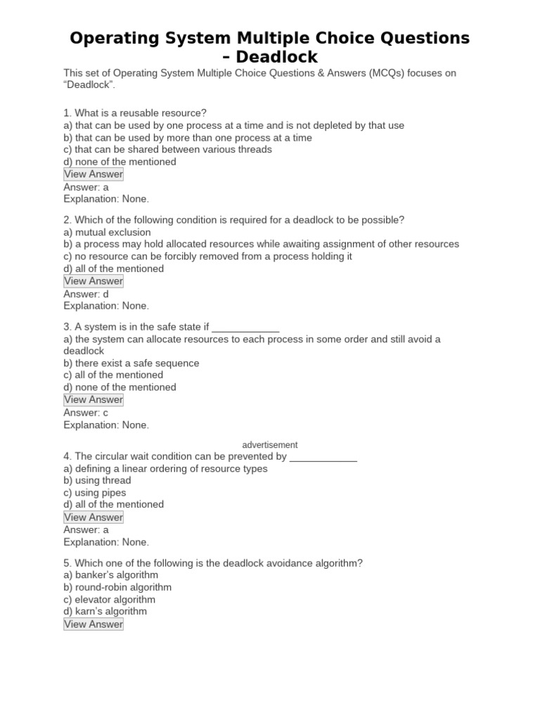 Operating System Multiple Choice Questions | PDF | Computer Architecture | Operating System ...