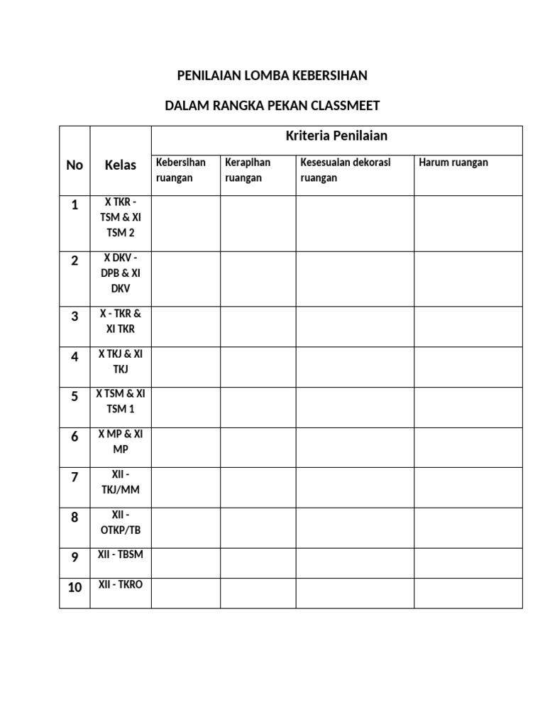 Format Penilaian Lomba Kebersihan Kelas | PDF