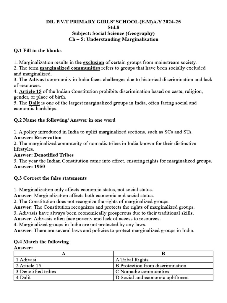 Std.8 SS Ch.5 Understanding Marginalisation | PDF | Social Exclusion | Dalit