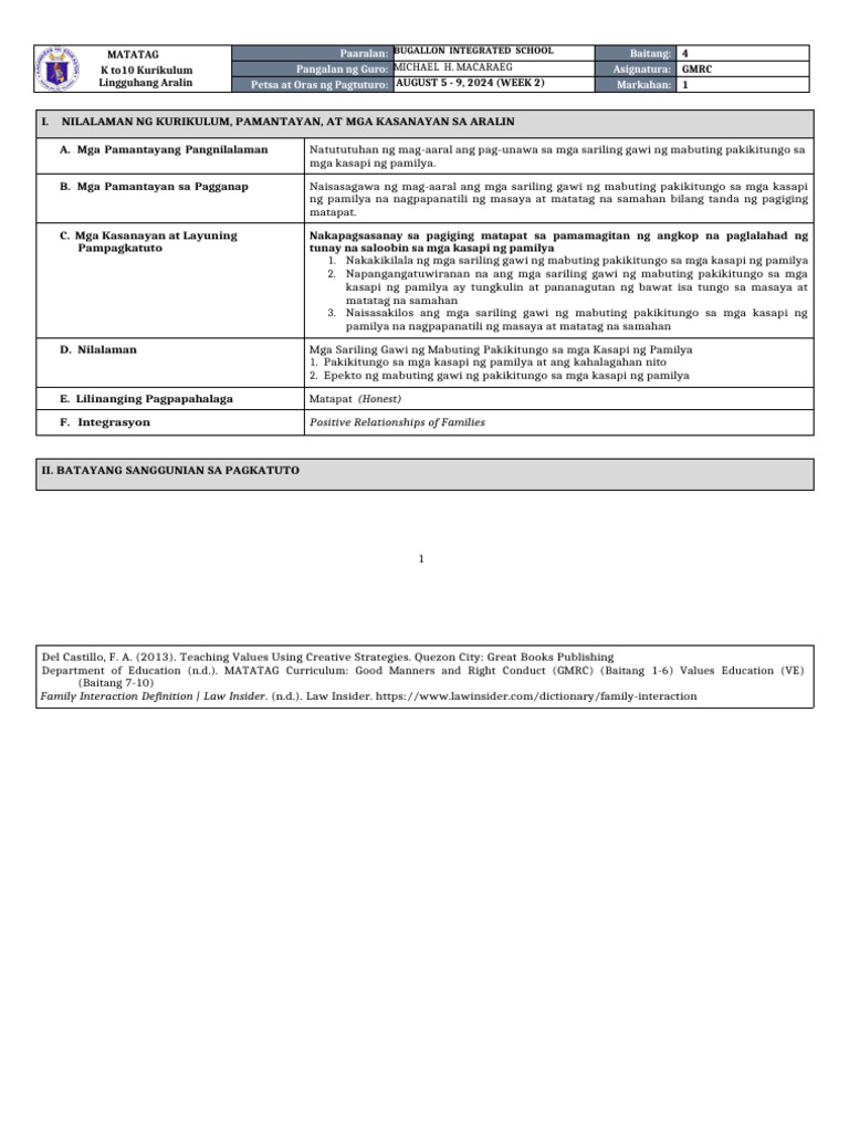 DLL MATATAG _GMRC 4 Q1 W2 | PDF