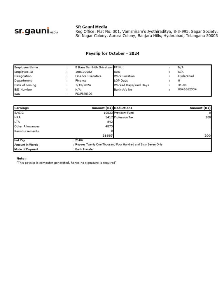 Payslip For October-2024 | PDF
