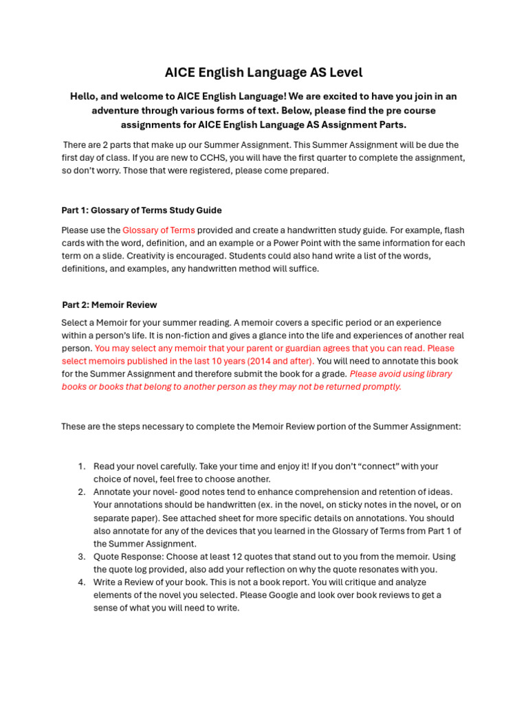 AICE English Language - SummerAssignment | PDF | Verb | Part Of Speech