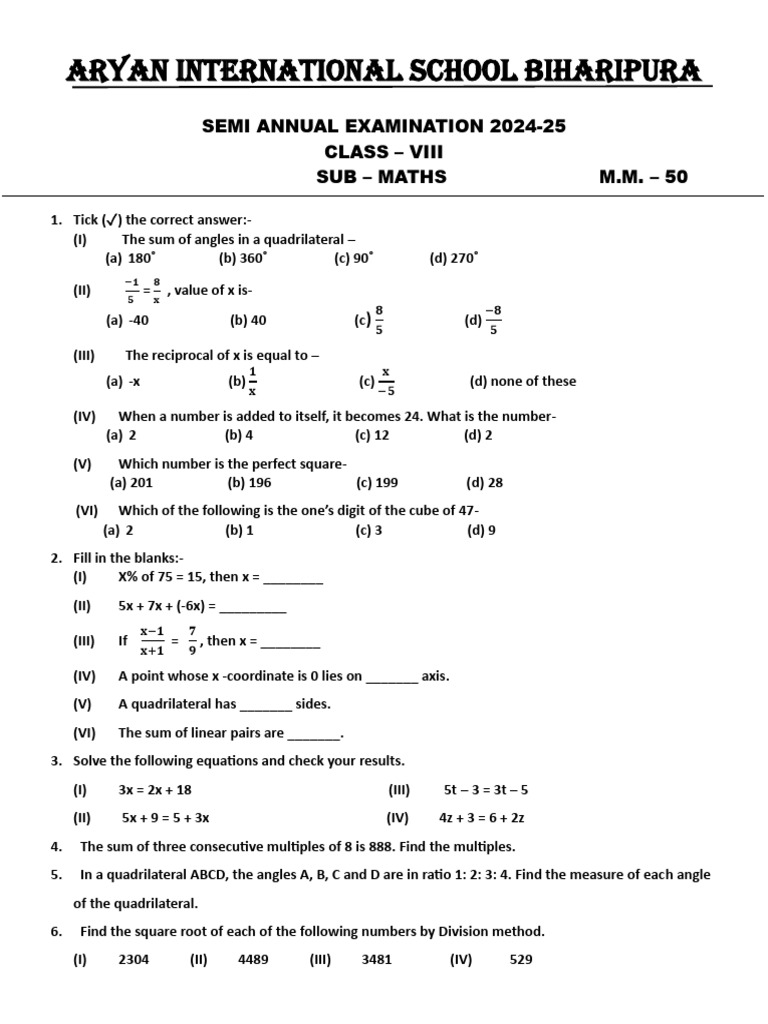 Class 8 Maths Exam Paper 2024-25 | PDF | Elementary Mathematics ...