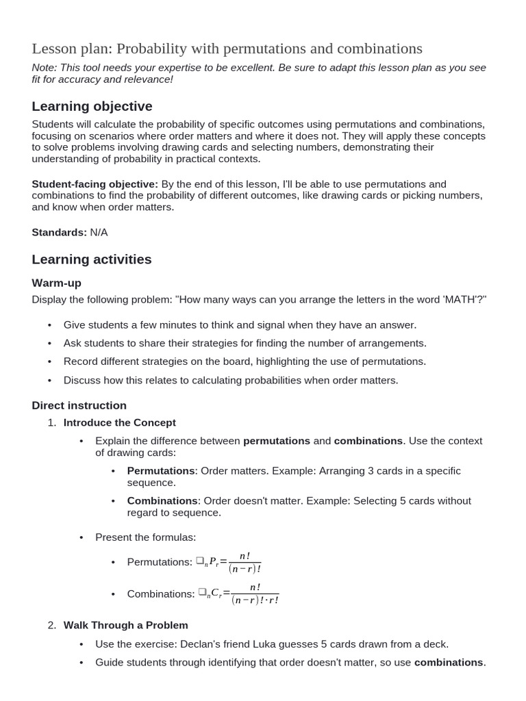 Lesson Plan - Probability With Permutations and Combinations | PDF ...