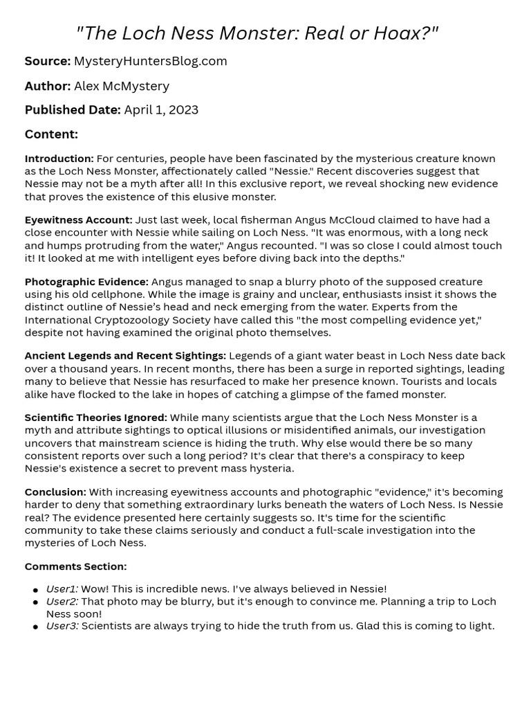 The Loch Ness Monster Real or Hoax | PDF | Loch Ness Monster