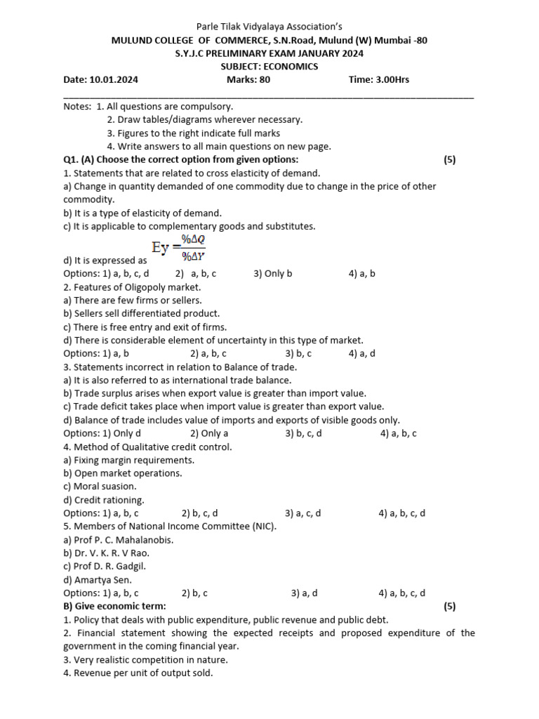 ECONOMICS S. Y .J.C. PRELIMINARY EXAMINATION JANUARY 2024 | PDF ...