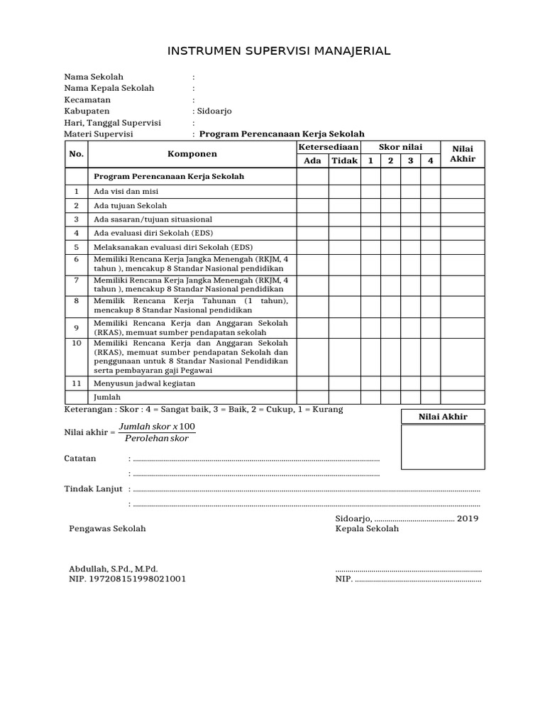 Instrumen Supervisi Manajerial Lengkap | PDF