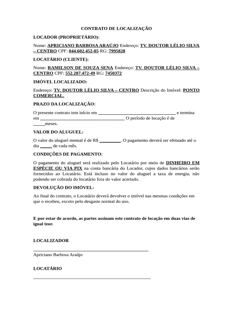 MODELO DE CONTRATO DE LOCALIZAÇÃO | PDF