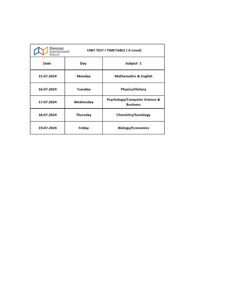 Grade A Level - Unit Test 1 - Timetable - 240622 - 125747 | PDF