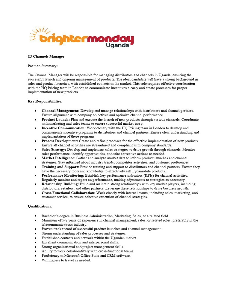 JD Channels & Distribution Manager | PDF | Marketing | Sales