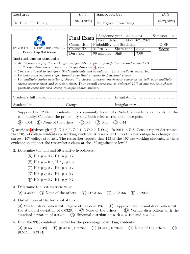 Prob Stat 232 Final CC | PDF | Student's T Test | Statistical Significance