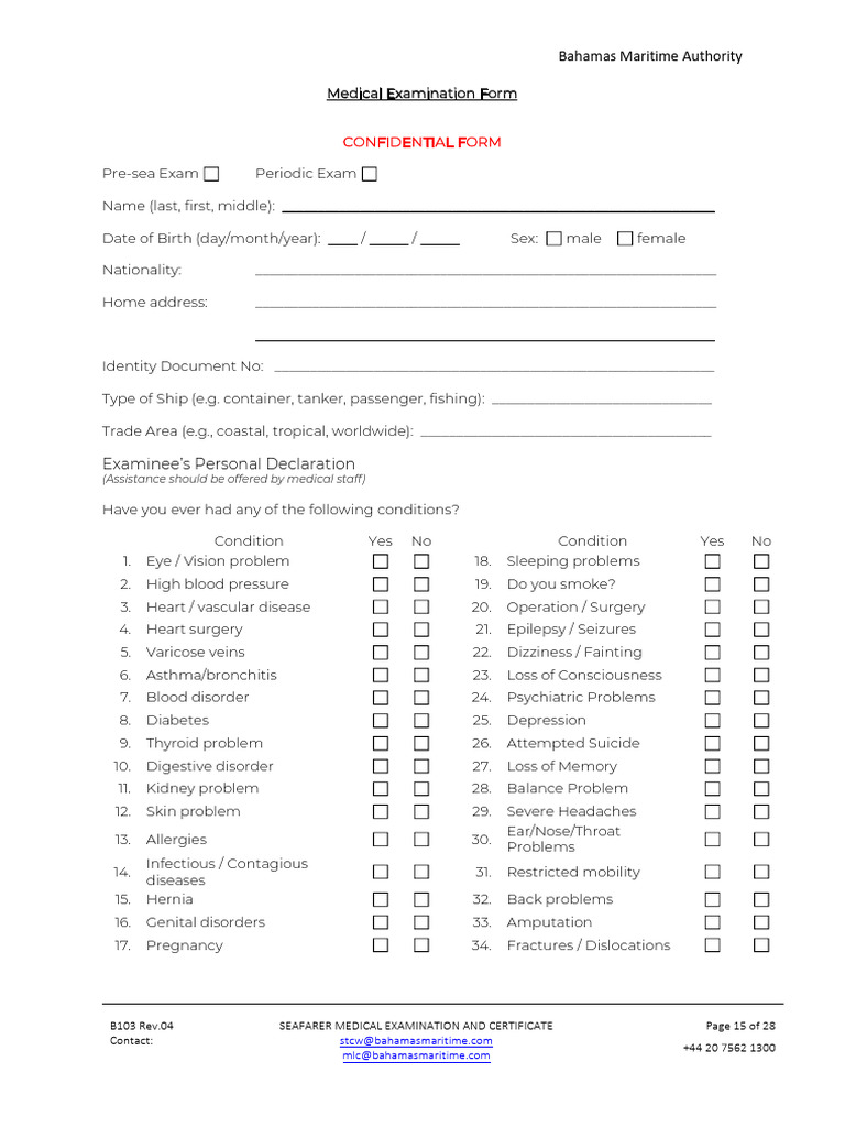Seafarer Medical Examination Form | PDF | Blood Pressure | Physical ...