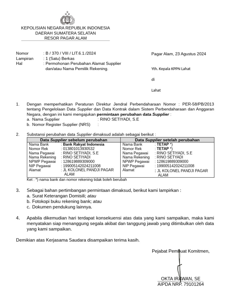Perubahan Data Supplier Tipe 3 Sakti | PDF
