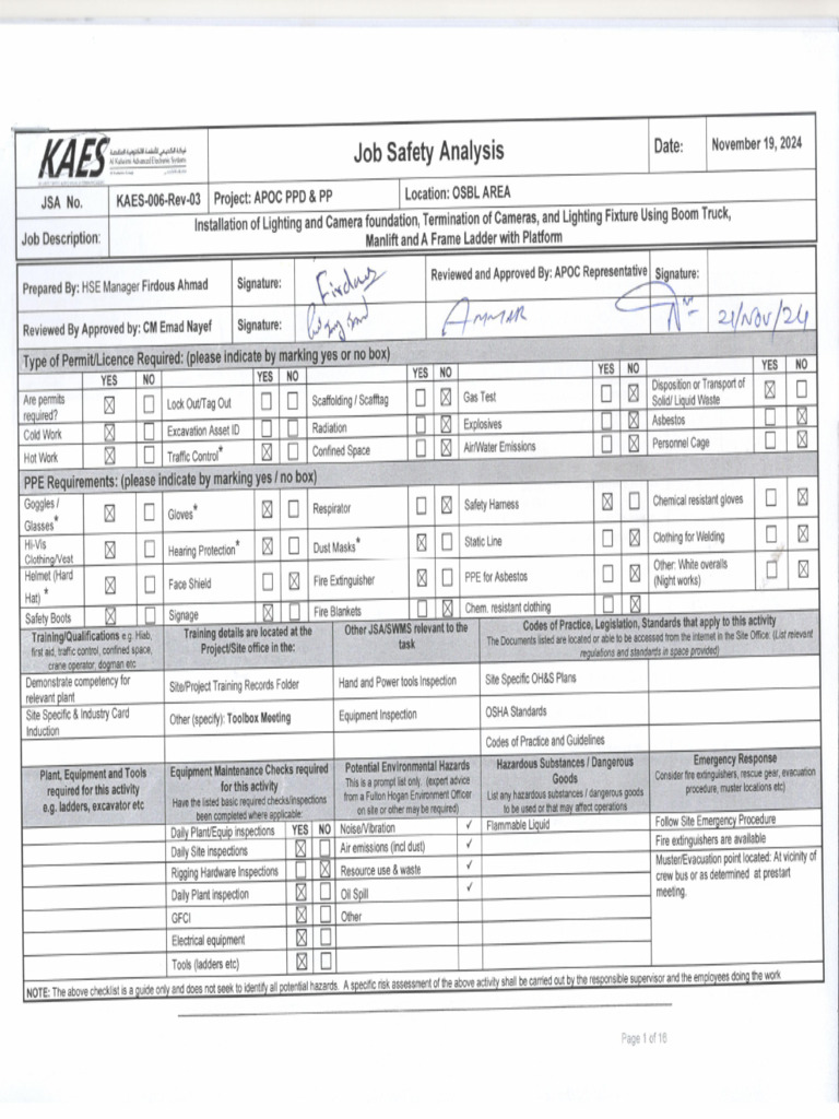 JSA#006 For Installation of Lighting and Camera Foundation, Lighting ...