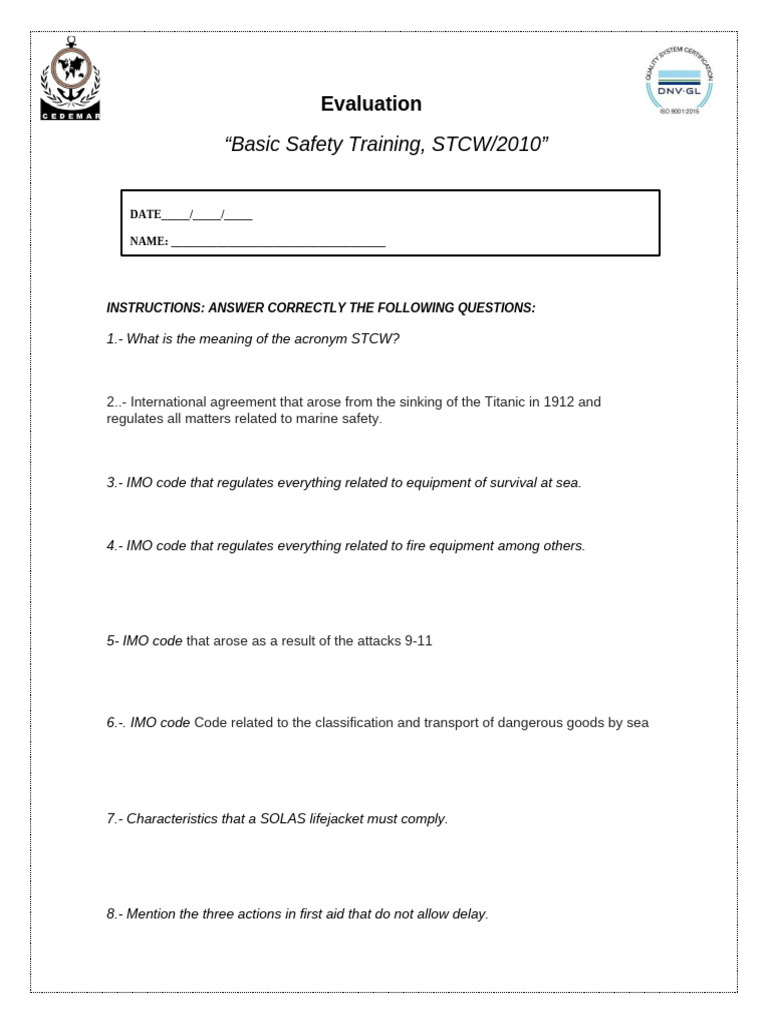 Evaluation Basic Safety Training STCW-2010 (1) | PDF