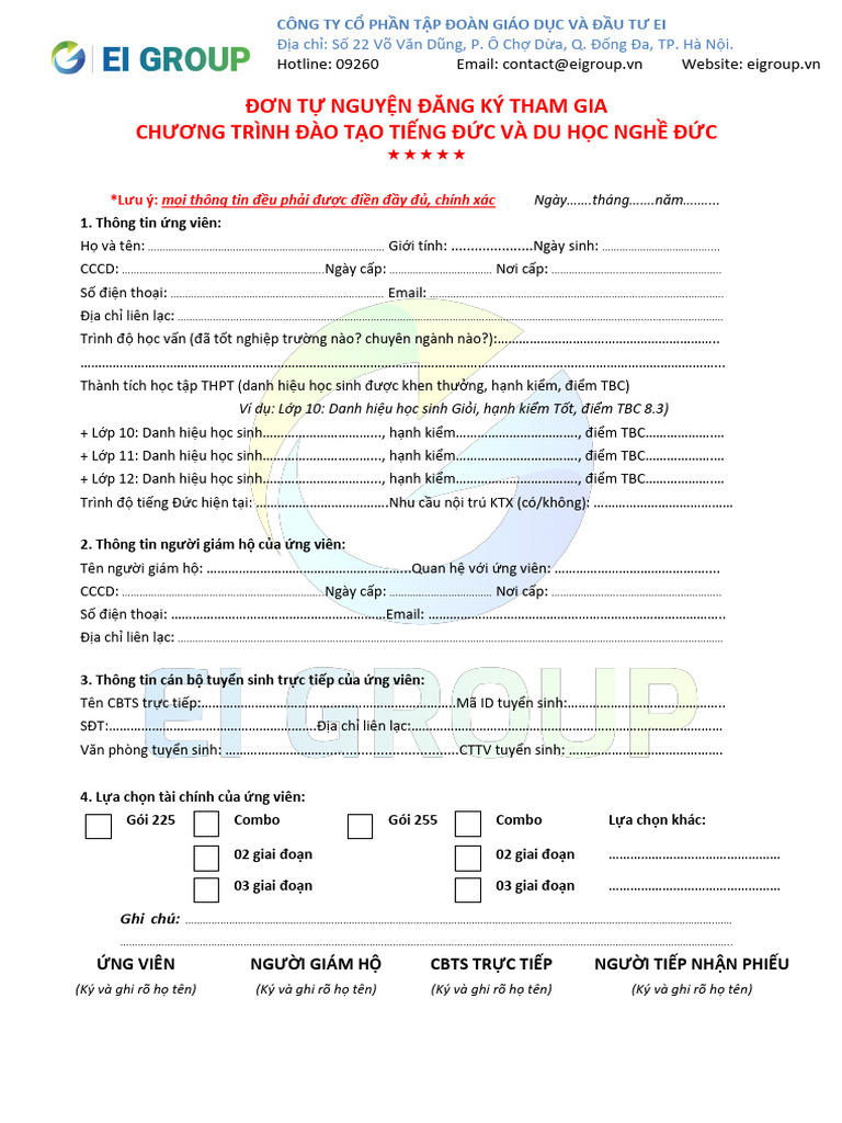 Eig - Phiếu Đăng Ký DHN Đức 2024 | PDF