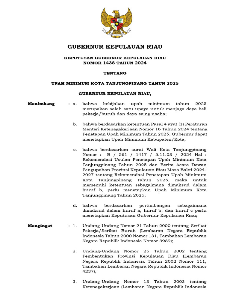 UMK Tanjungpinang 2025 Ditetapkan Rp3,6 Juta | PDF