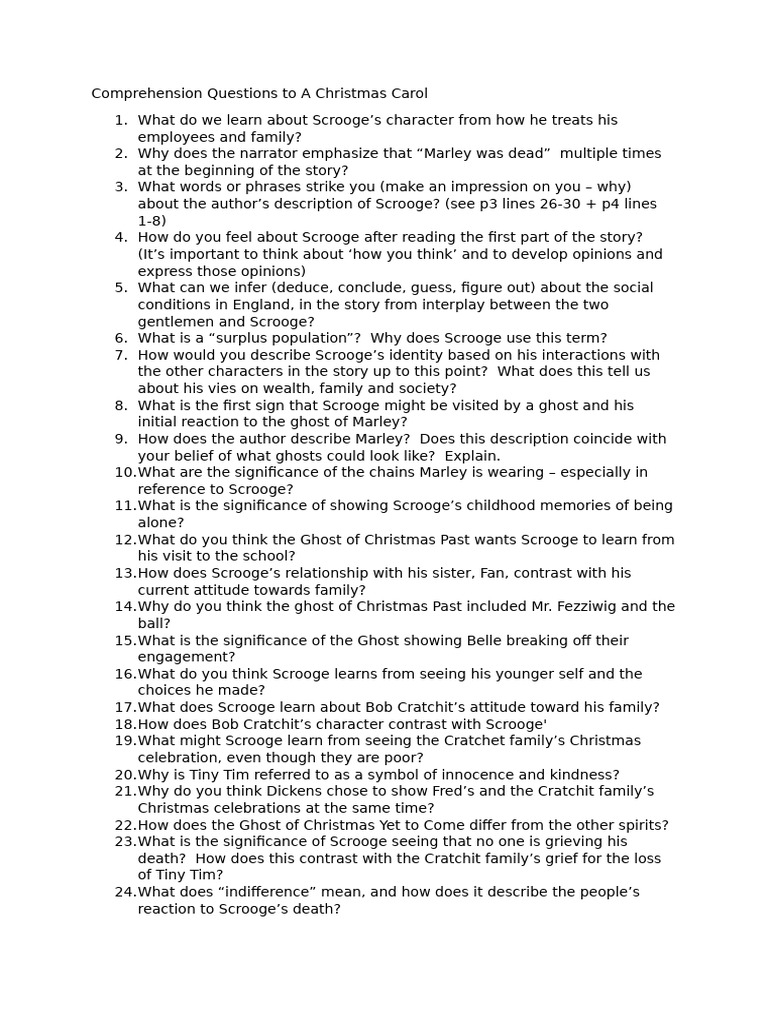 A Christmas Carol Comprehension Questions | PDF | Ebenezer Scrooge ...