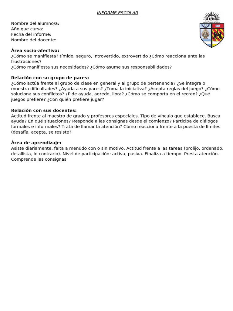 MODELO DE INFORME ESCOLAR | PDF