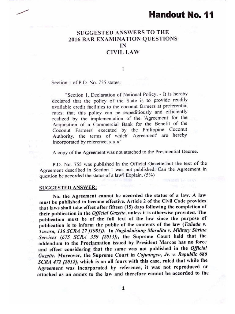 2016 Bar Qs For Civil Law | PDF