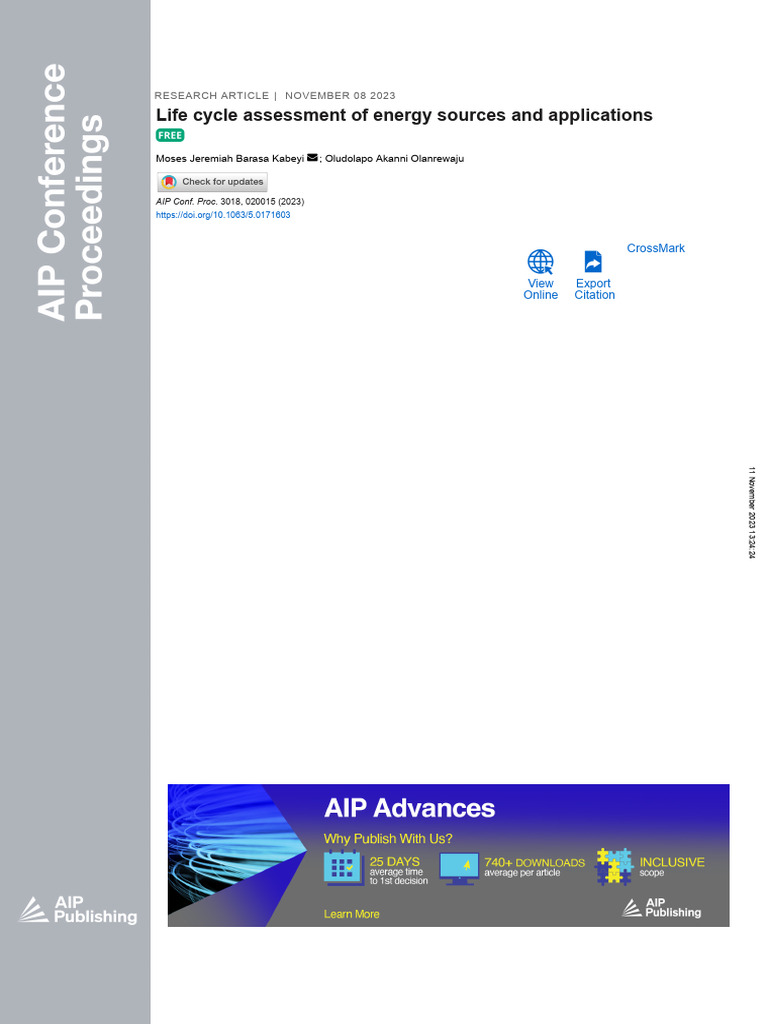 Life Cycle Assessment of Energy Sources and Applications - AIP | PDF | Life Cycle Assessment ...